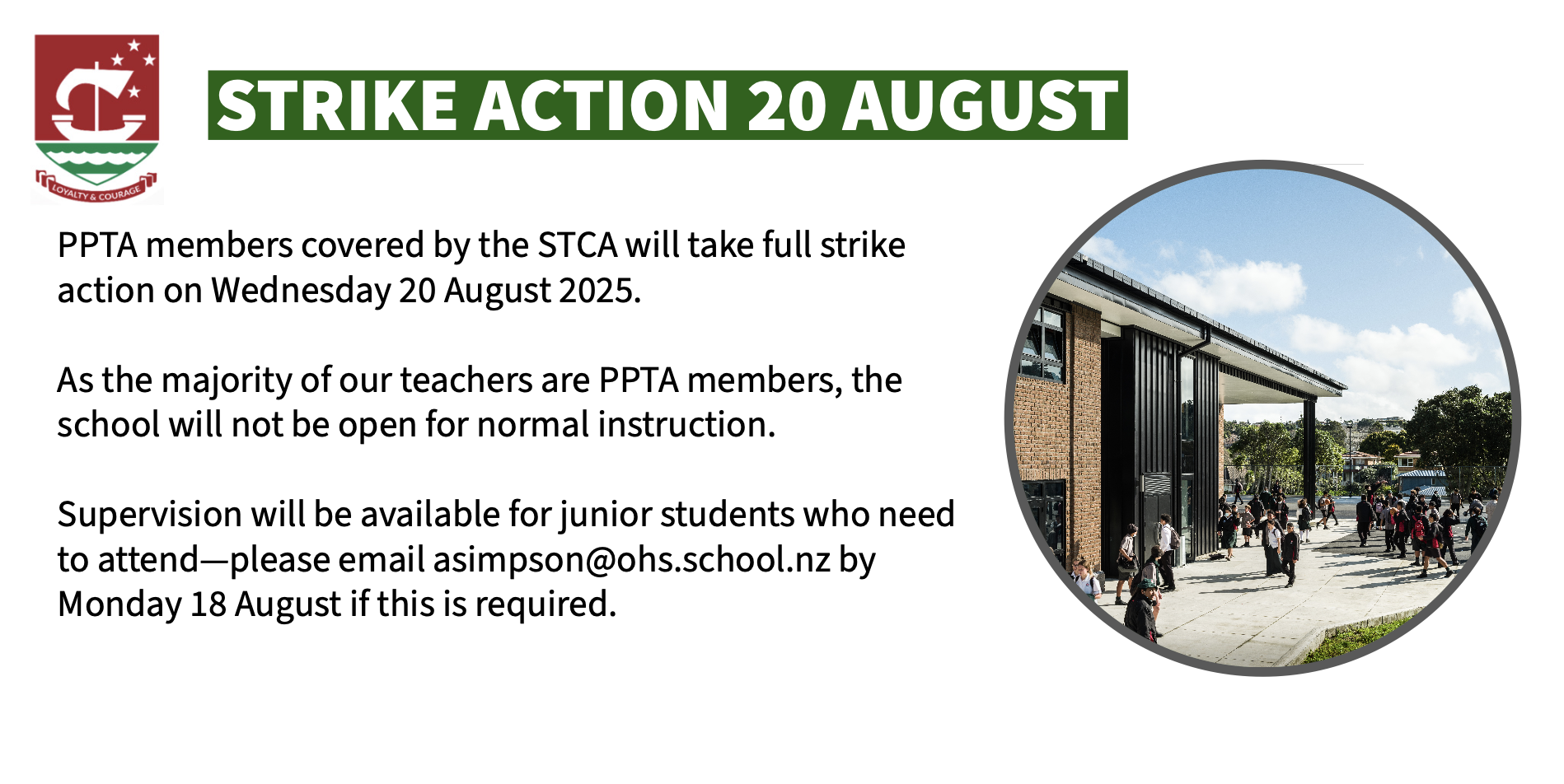 Strike Action – Information for Whānau - Onehunga High School