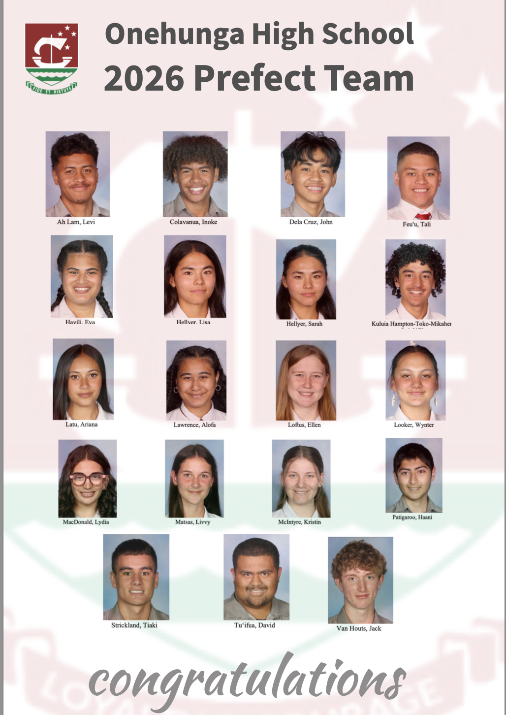 Announcing the 2026 Prefect Team - Onehunga High School