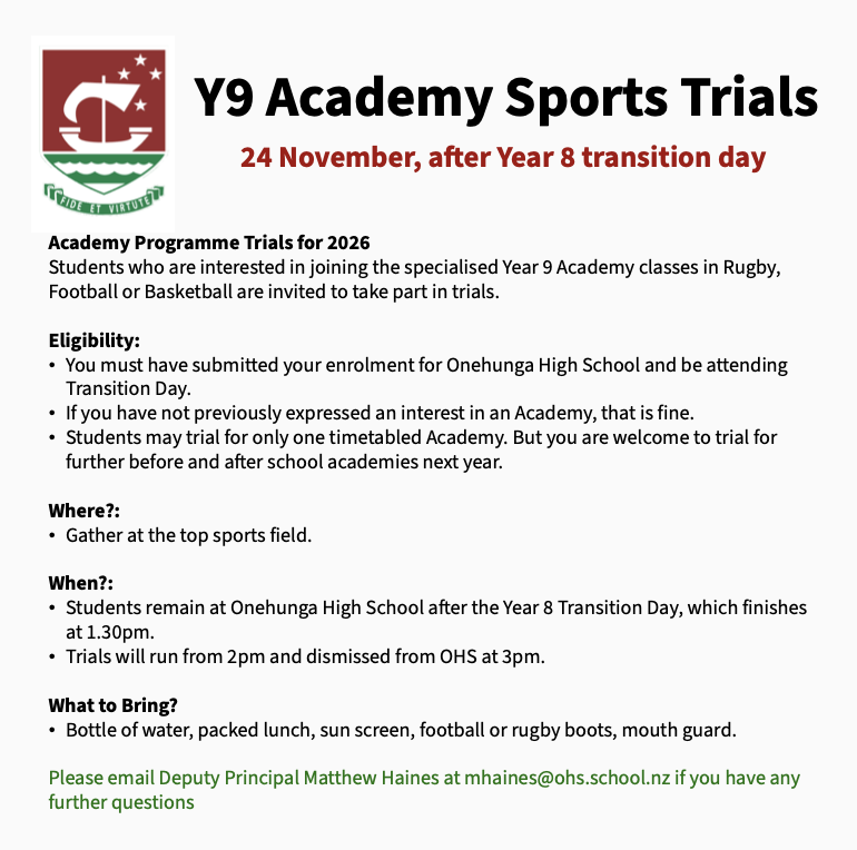 24 NOVEMBER - YEAR 8 TRANSITION DAY AND ACADEMY TRIALS - Onehunga High S