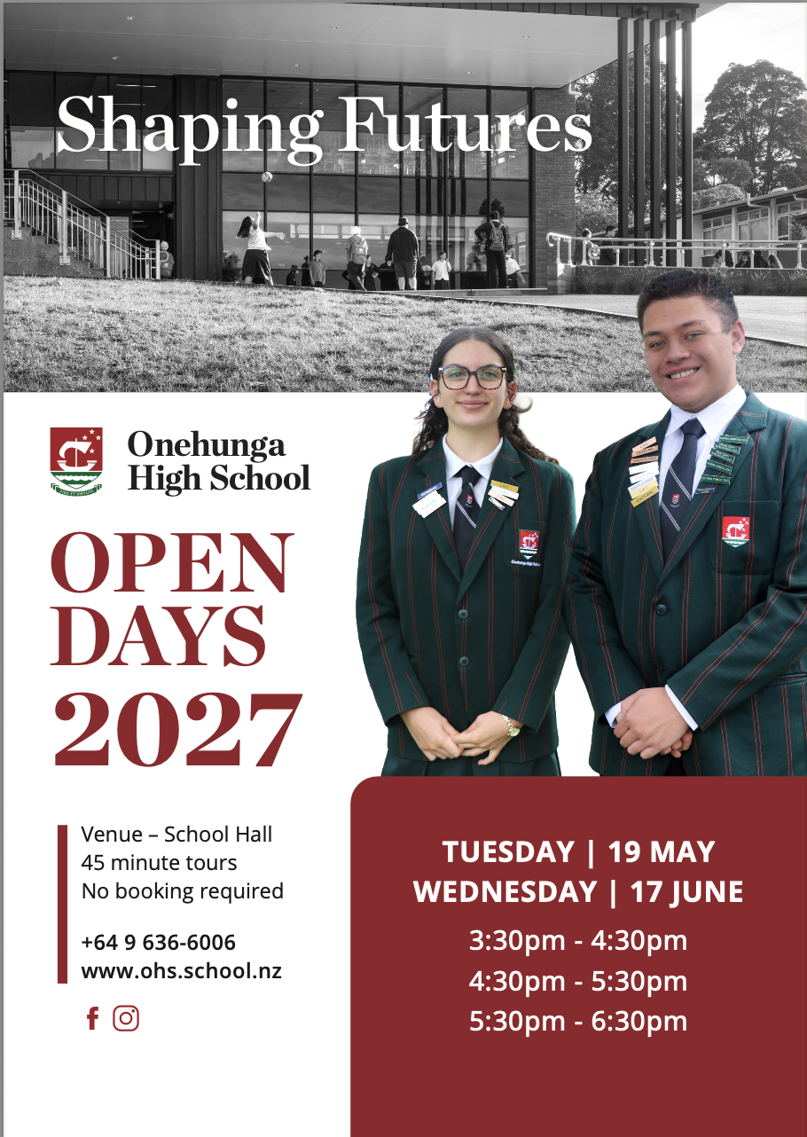 Save the Date - Open Days for 2027 - Onehunga High School